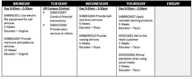 Beauty Therapy Timetables – South Coast Academy